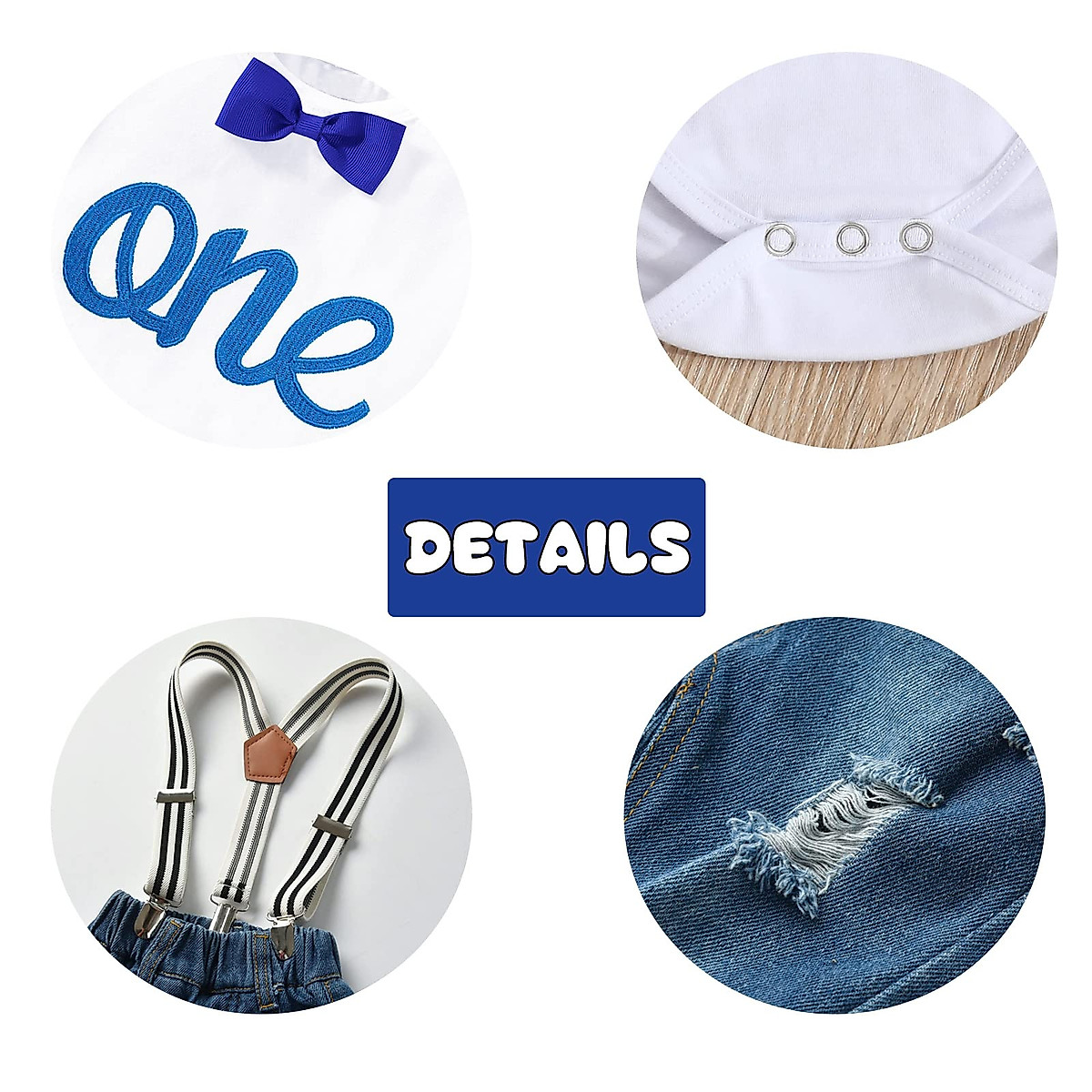 Pinleck Toddler Baby Boy Birthday Clothes Set Bowtie Romper Suspenders Ripped Denim Pants Outfits (1st Birthday-Blue-1Long, 6-12 Months)