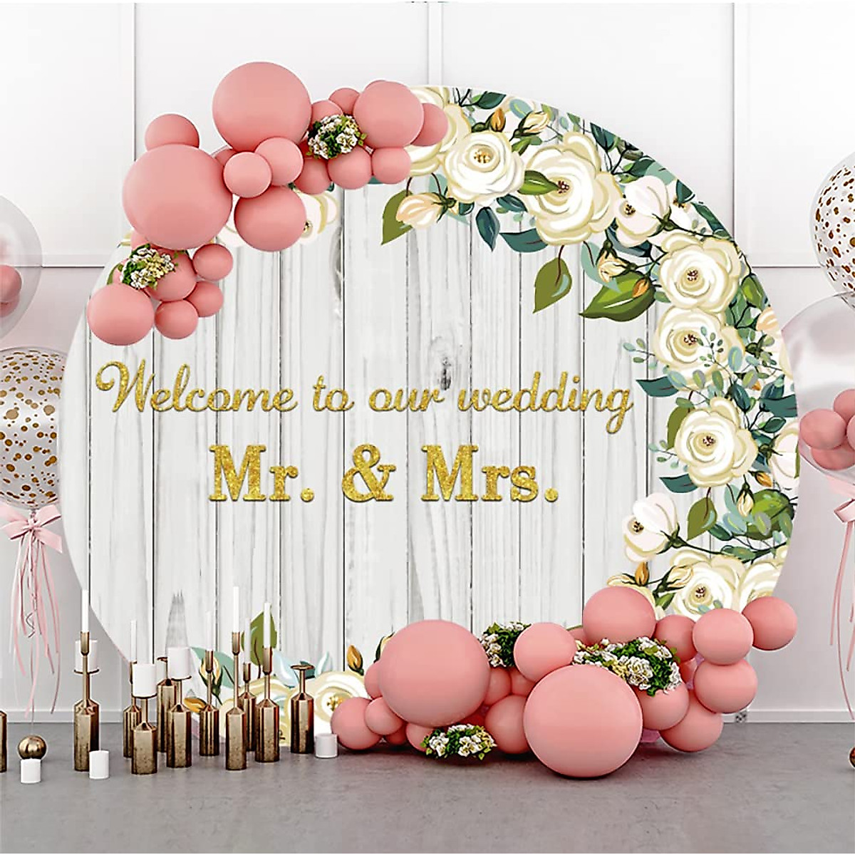 Yeele 7x7ft Mr & Mrs Wedding Round Backdrop Wooden Texture White Rose Floral Photography Background Bride and Groom Engaged Ceremony Anniversary Bridal Shower Party Supplies Photo Booth Props