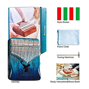 TienClef Kalimba Thumb Piano 21 Keys with Engraved Notes Deer Pattern Handhold Cute Finger Zebrawood Solid Wood Portable Musical Instrument Music Book for Kids Adult Beginner (Gradual Blue)