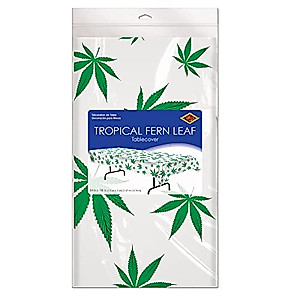 Beistle Tropical Fern Leaf Tablecover, 54" x 108", White/Green