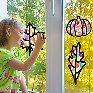 Containlol 24 Pieces Extra Large Thanksgiving Fall Leaf Craft Suncatchers Kit Tissue Arts Autumn Leaves Suncatchers 1600 Tissue Paper Squares 24 PVC Contact Paper with Safety Scissor for DIY Craft