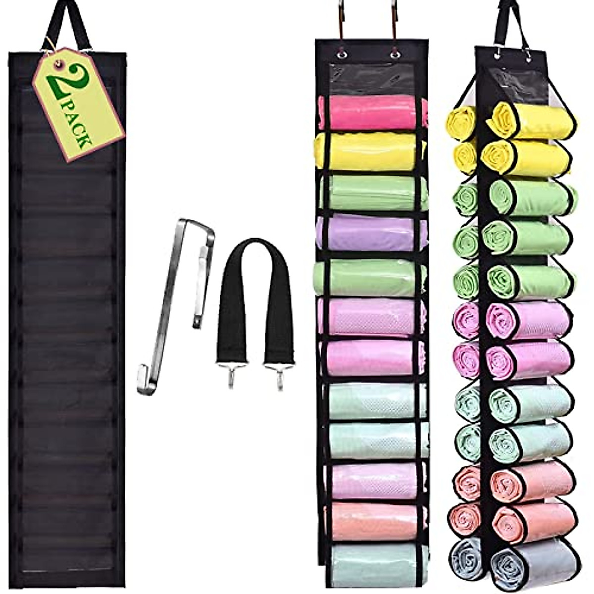 ZKDYNJ Legging Organizer Storage Bag Over The Door, Wall Mount Hanging Compartment with 24 Large Capacity Pocket Organizers for Leggings, Yoga Clothes, T-Shirts, and Jeans (Black - 2 Pack)