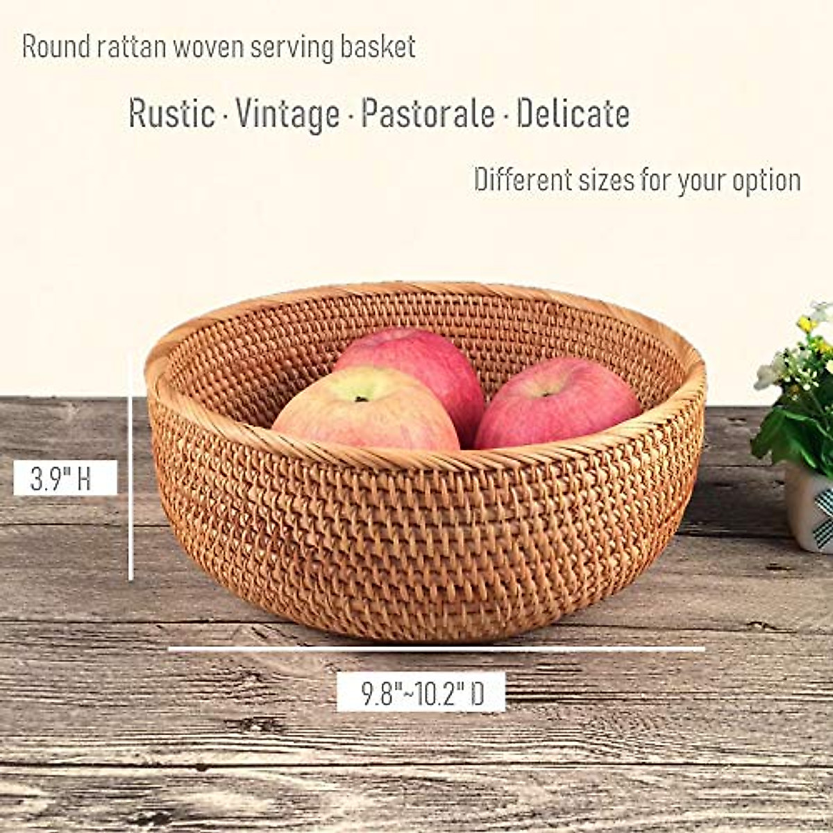 AMOLOLO Hadewoven Round Rattan Fruit Basket Wicker Food Tray Weaving Storage Holder Dinning Room Bowl, 10 Inch Woven Bread Basket Key Bowls with 4”Wall for Table, Countertop (Large 9.8")
