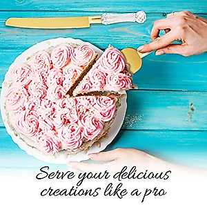 Homi Styles Wedding Cake Knife and Server Set | Plastic Faux Crystal Handles & 420 Stainless Steel Titanium gold plated Blades | Cake Cutting Set for Wedding Cake, Birthdays, Anniversaries, Parties