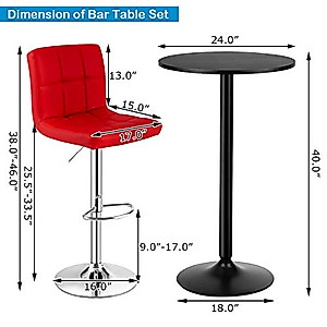 COSTWAY 3-Piece Bar Table Set, Round Cocktail Table and PU Leather Adjustable Swivel Chairs, Modern Counter Height Table Set with 2 Bar Stool for Kitchen, Office (Red)