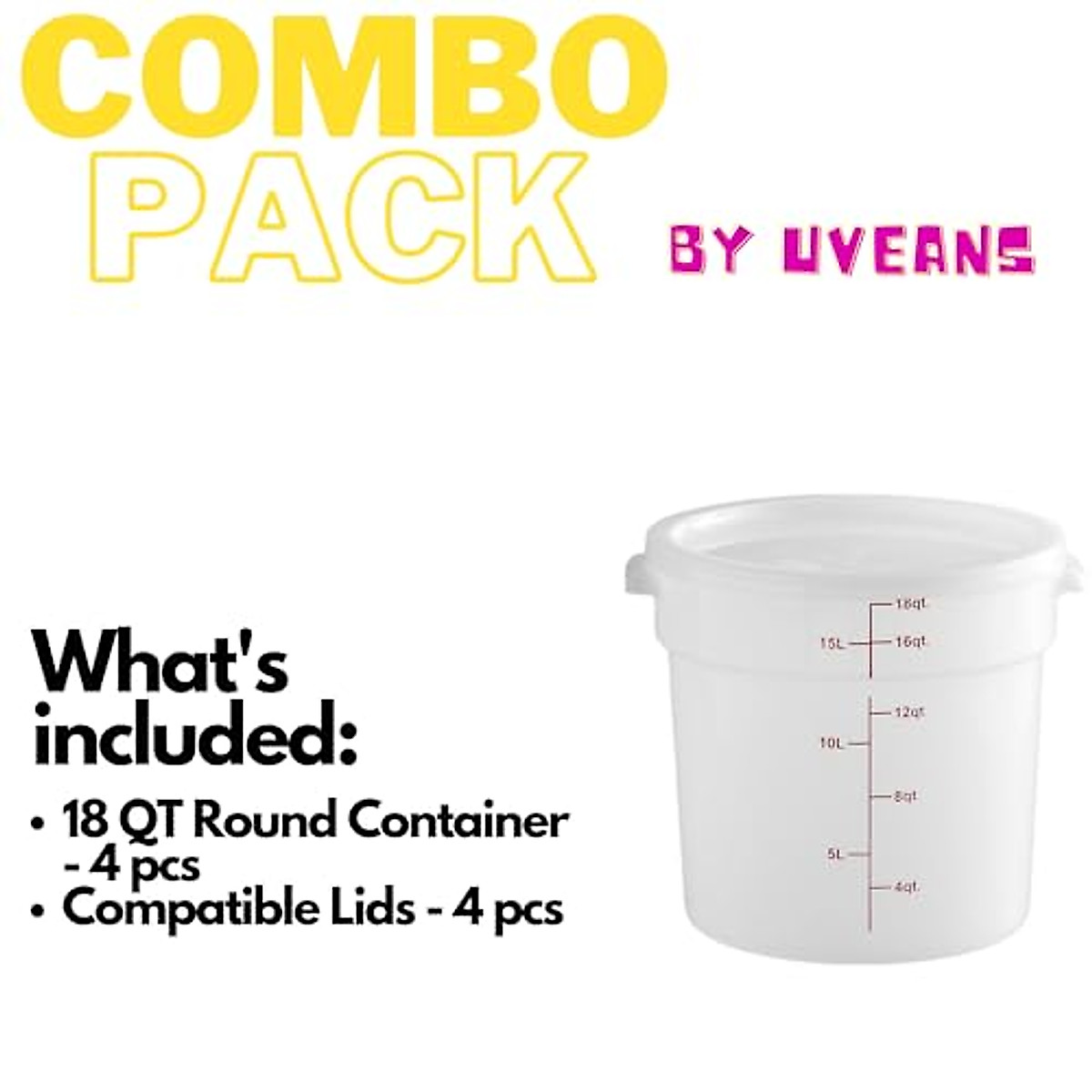 uVeans COMBO PACK Round Food Storage Containers With Lids - 18 Quart Food Storage Set - 4 Containers, 4 Lids