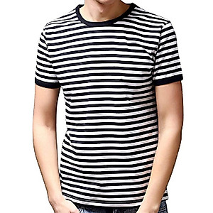 Ezsskj Men's Youth Short Sleeve Crew Neck Striped T Shirt Tee Outfits Tops Medium Black