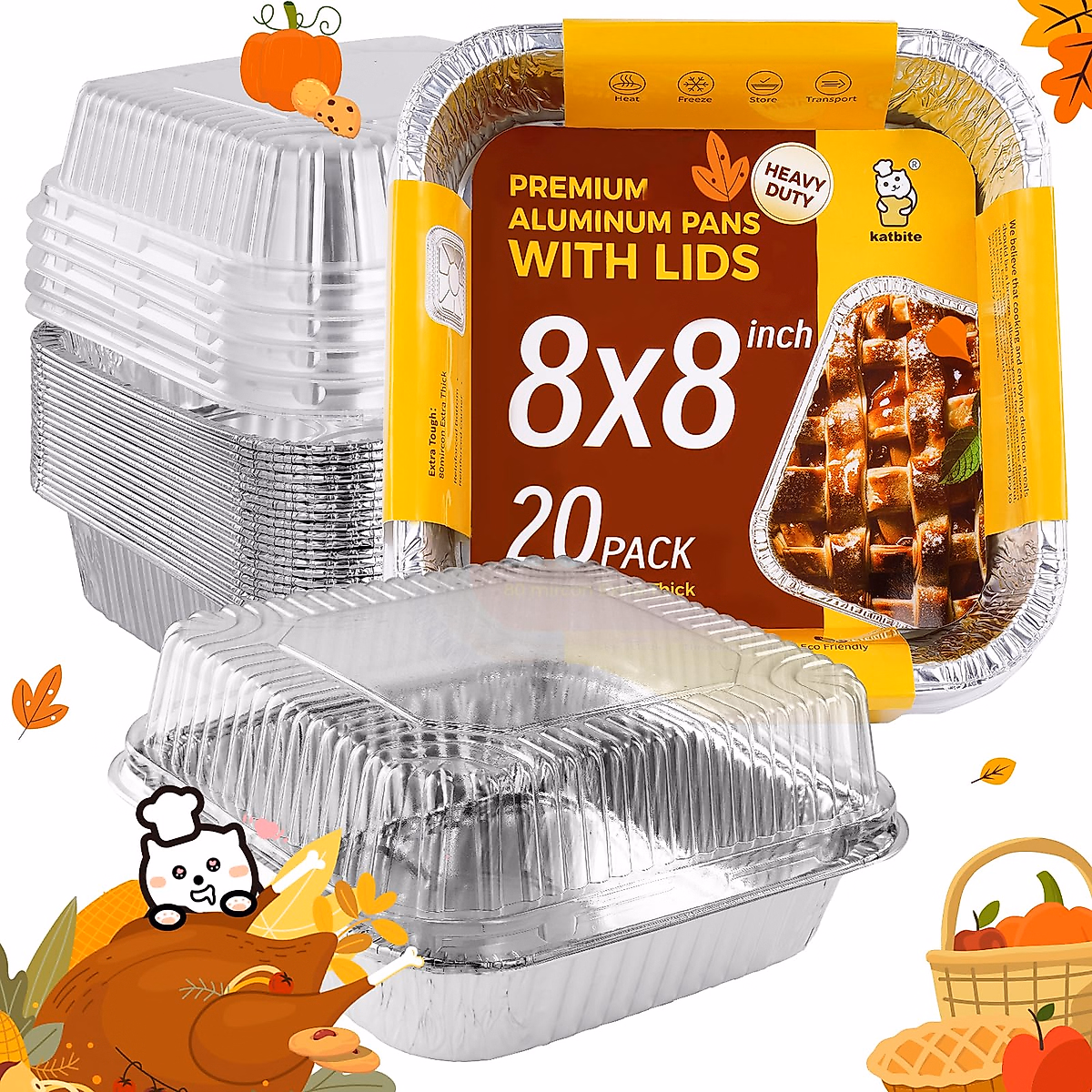 katbite Heavy Duty 8x8 Aluminum Pans with Clear Lids - 20-Pack, Premium Disposable Rectangular Baking Pans, Ideal for Air fryer, Cooking, Heating, Cake Storing & Food Preparation, Prepping Food