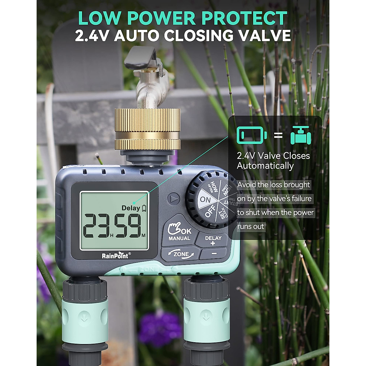 RAINPOINT Water Timer for Garden Hose - Sprinkler Timer with Brass Swivel - Rain Delay/Manual Watering/Automatic Irrigation Controller System Hose Timer Programmable Faucet Timer for Yard, 2 Outlet