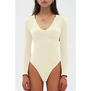 CHYRII Womens Sexy V Neck Bodysuit Basic Ribbed Long Sleeve Shirt Fall Tops Beige S