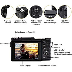 CEDITA 2.7K Digital Camera Vlogging Camera 30MP Full HD Digital Camera with Retractable Flash Light Camera 3 Inch Flip Screen Vlogging Camera for YouTube with Two Batteries, Black