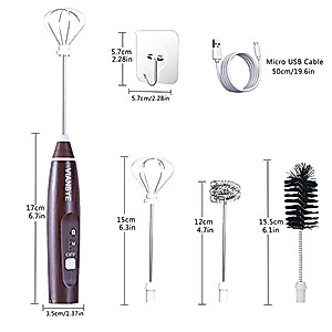 Milk Frother Handheld - Handheld Electric Blender Portable Coffee Frother USB Rechargeable 3 Speed Milk Frother with 2 Stainless Steel Blenders and 1 Cleaning Brush 1 Blending Spoon