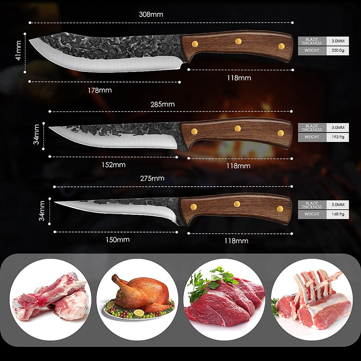 Professional 3 Piece Boning Knife Set, 7" Butcher Knife, 6.5" Meat Cleaver Slicing Knife,5.5" Fillet Knife,High Carbon Steel Hand Forged Chef Knives for Fish, Poultry, Chicken, Kitchen, BBQ Gift