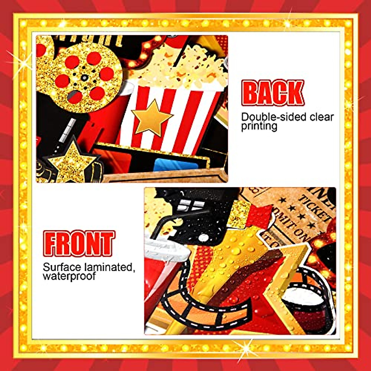 Fumete 32 Pieces Movie Night Party Cutouts Movie Party Decorations Kit Double Sided Printing Golden Black Paper Cards Red Carpet Clapboard Movie Tickets Film Reel Decor for Movie Night Party Supplies