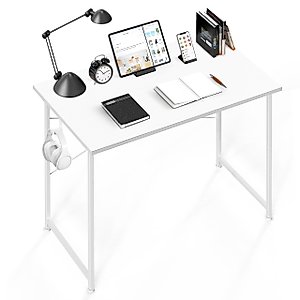 YSSOA Computer Desk Home Office Work Study Writing Modern Simple Table with Headphone Hooks, 40 Inch, Basic White