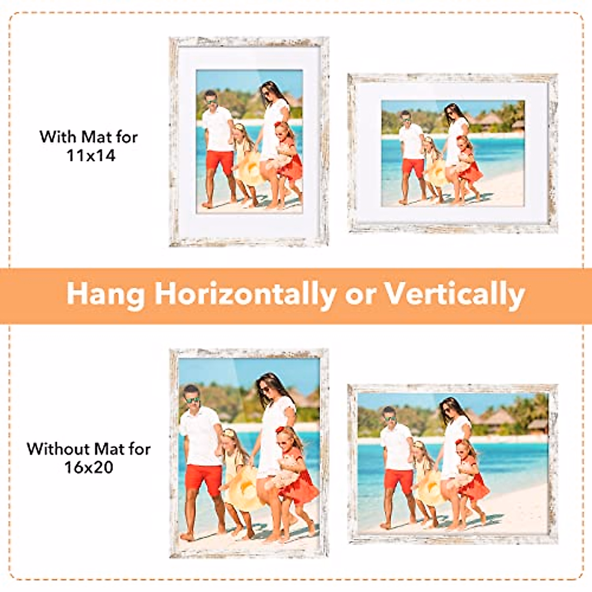 SYNTRIFIC 16x20 Picture Frames Set of 6, Distressed White Farmhouse Photo Frames Display Pictures 11x14 with Mat or 16x20 Without Mat, Wall Gallery Collage Photo Frames Home Decor Poster Frame