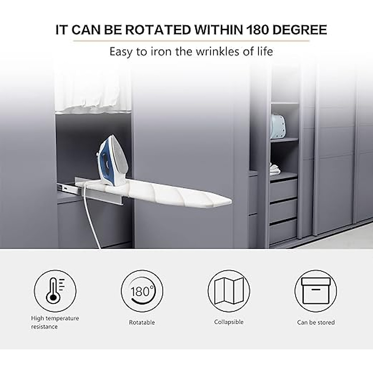 37 Inch Wall-Mounted Heavy Duty Ironing Board, 180 Swivel Fold Away Iron Board for Home Laundry Room Dorm (Style 6)