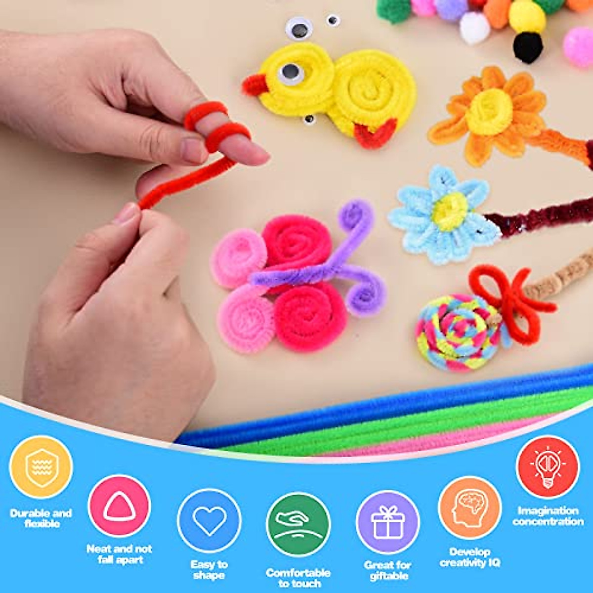 LHSQIOQIO Pipe Cleaners, 1000 Pcs 20 Assorted Colors 12 Inch Chenille Stems Craft Supplies with Pom Poms and Googly Eyes, Great for DIY Art Craft
