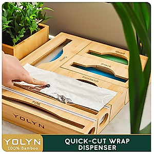 YOLYN Bamboo Kitchen Drawer Organizer Box - Baggie, Foil, Plastic & Wrap Food Storage with Dispensers & Cutters for Gallon, Quart, Sandwich & Snack Bags - 6 Pices set