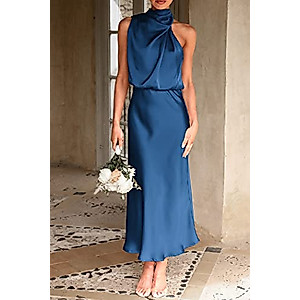 PRETTYGARDEN Women's 2023 Summer Satin Dress Elegant Sleeveless Mock Neck Cocktail Party Maxi Dresses (Dark Blue,Small)
