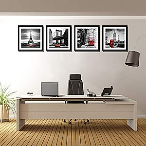 ENGLANT 4 Pieces Framed Canvas Wall Art, Black White and Red Wall Decor Landscape Poster with Eiffel Tower, Brooklyn Bridge, London Big Ben Picture for Bedroom and Bathroom