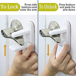 Door Lever Lock (3 Pack) Prevents Toddlers from Opening Doors. 3.25" L * 1.5" W * 4.5" H Easy One Hand Operation for Adults. Durable ABS with 3M Adhesive Backing. Simple Install, No Tools Needed.
