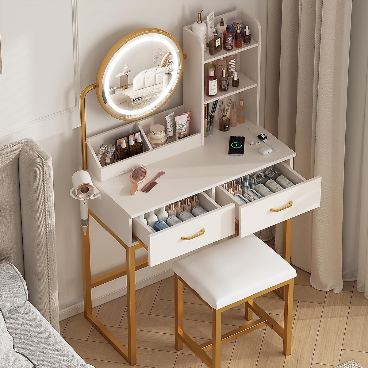 Fameill Makeup Vanity Desk with Lights and Round Mirror, White and Gold Vanity Makeup Table, Small Vanity Set Make Up Vanity with Lots Storage, 3 Lighting Modes, 31.5in(W)… (Modern)