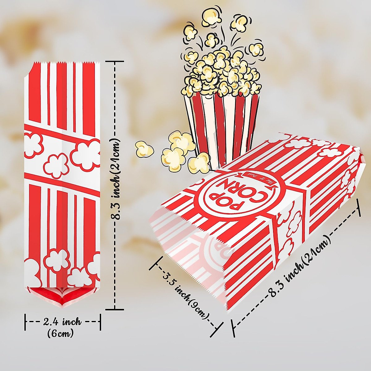 KERIQI Popcorn Bags, 50 Pcs Paper Popcorn Container Red and White Concession Stand Popcorn Holder Movie Theme Party Supplies