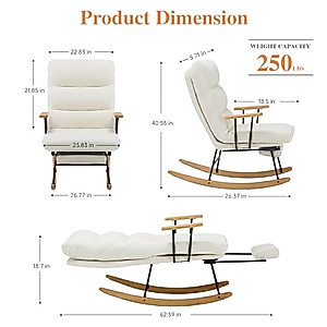 Rocking Chair with Footrest-Glider Rocker Chair with Retractable Footrest and Adjustable Backrest, Teddy Upholstered Rocking Chair, Modern Accent Chair for Living Room/Nursery/Bedroom/Outdoor-Beige