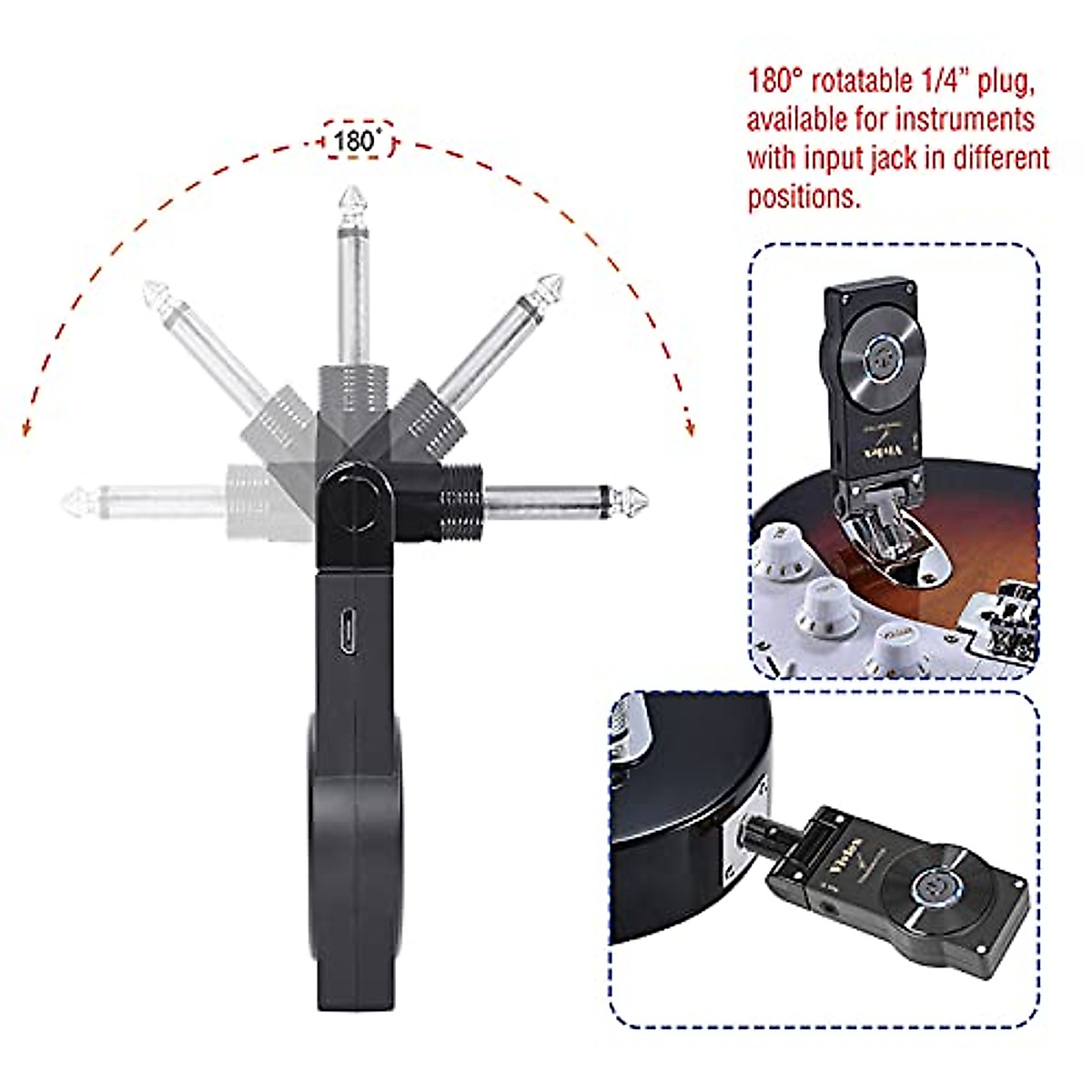 Vivlex Wireless Guitar System Guitar Transmitter Receiver Set 2.4GHz 6 Channels Wireless Audio System for Electric Guitar Bass Violin Keyboard, Built in Rechargeable Battery, 8 Hours Working Time