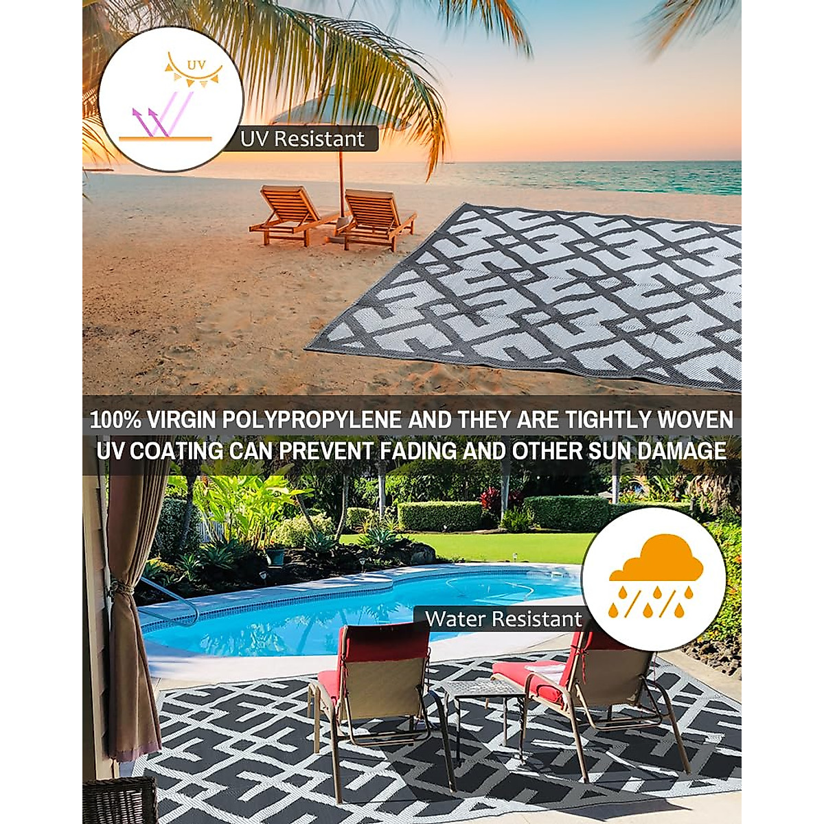 GEUOYEE Reversible Mats - Outdoor Rugs for Patio Clearance, 5'x8' Plastic Straw Rug Waterproof, Outside Indoor Outdoor Area Rug for RV, Backyard, Deck, Picnic, Beach, Trailer, Camping (Grey)