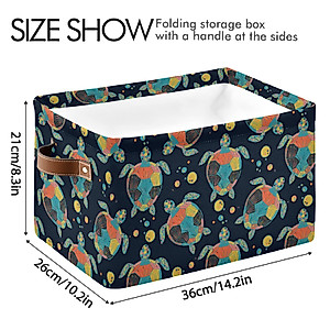 Large Storage Basket Sea Turtle Tropical Fish Cube Storage Bin Canvas Fabric Organizer Handles Collapsible Decorative for Toys Nursery Bedroom