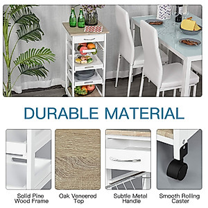 HOMCOM Mobile Kitchen Cart, Rolling Kitchen Island with Storage, Solid Wood Frame Utility Cart with Wire Fruit Baskets, Trays and Drawer, White