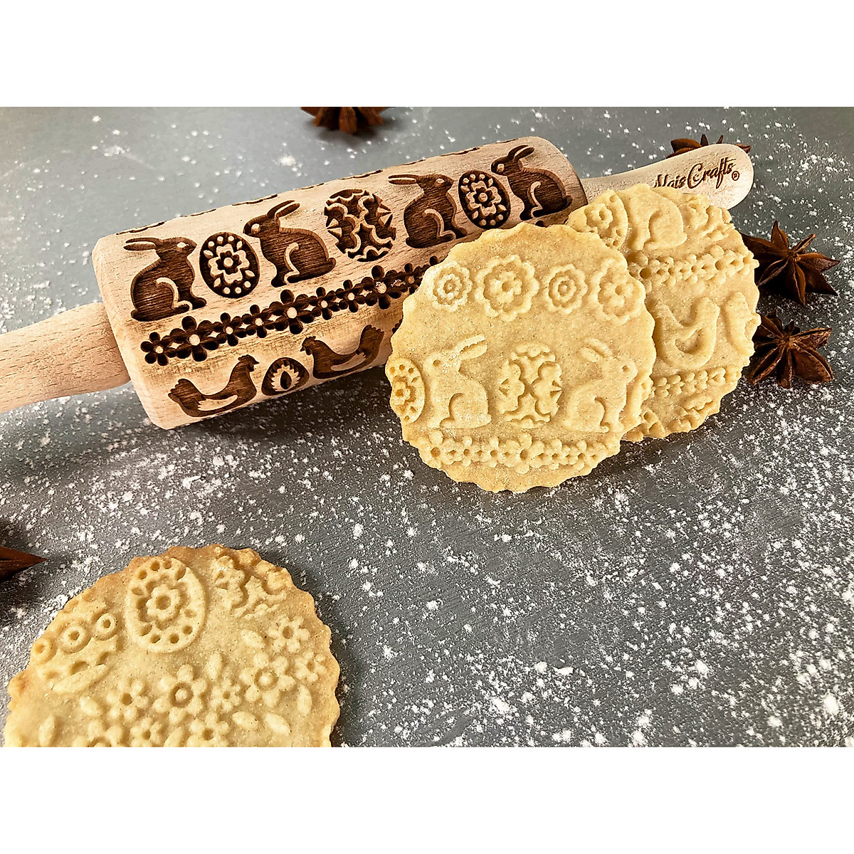Embossed Rolling Pin Set Wooden Laser Cut Embossing Rolling Pins for Embossed Cookies Play Dough Easter Rabbit Egg Chicken Spring Flowers by Algis Crafts EASTER