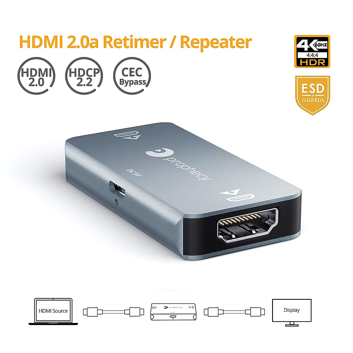 gofanco Prophecy 4K HDMI 2.0 Repeater with Retimer - HDMI Signal Booster/Extender, 4K @60Hz YUV 4:4:4, HDR, HDMI 2.0a, HDCP 2.2, 18Gbps, CEC Pass-Through, Cascading, TAA Compliant (PRO-HDrepeat)