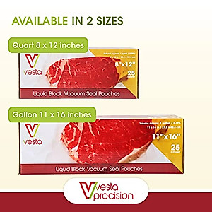 Vacuum Seal Pouches by Vesta Precision | Clear and Embossed Vacuum Sealer Bags | Liquid Block | 25 Vacuum Bags per Box (8x12)