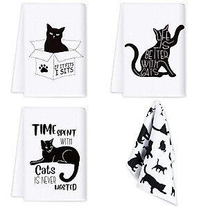 Vesici 4 Pieces Funny Cat Kitchen Towels Cute Cat Theme Dish Towels Set Absorbent Kitchen Tea Towels Farmhouse Decorative Hand Towels for Housewarming, Birthday, Christmas Towels, Pet Lover Fun Gift