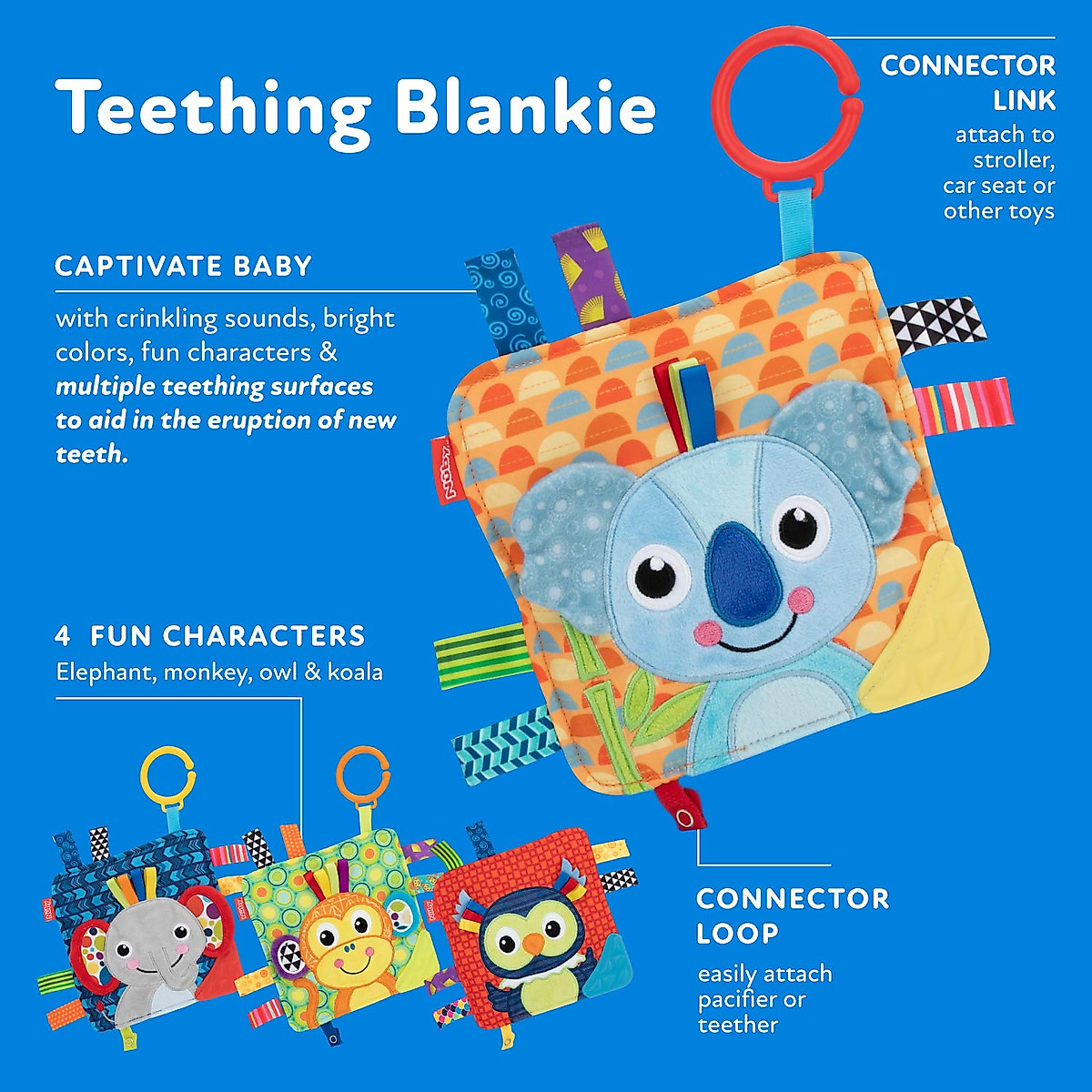 Nuby Teething Blankie, Characters Vary - Owl, Koala, Monkey, Elephant