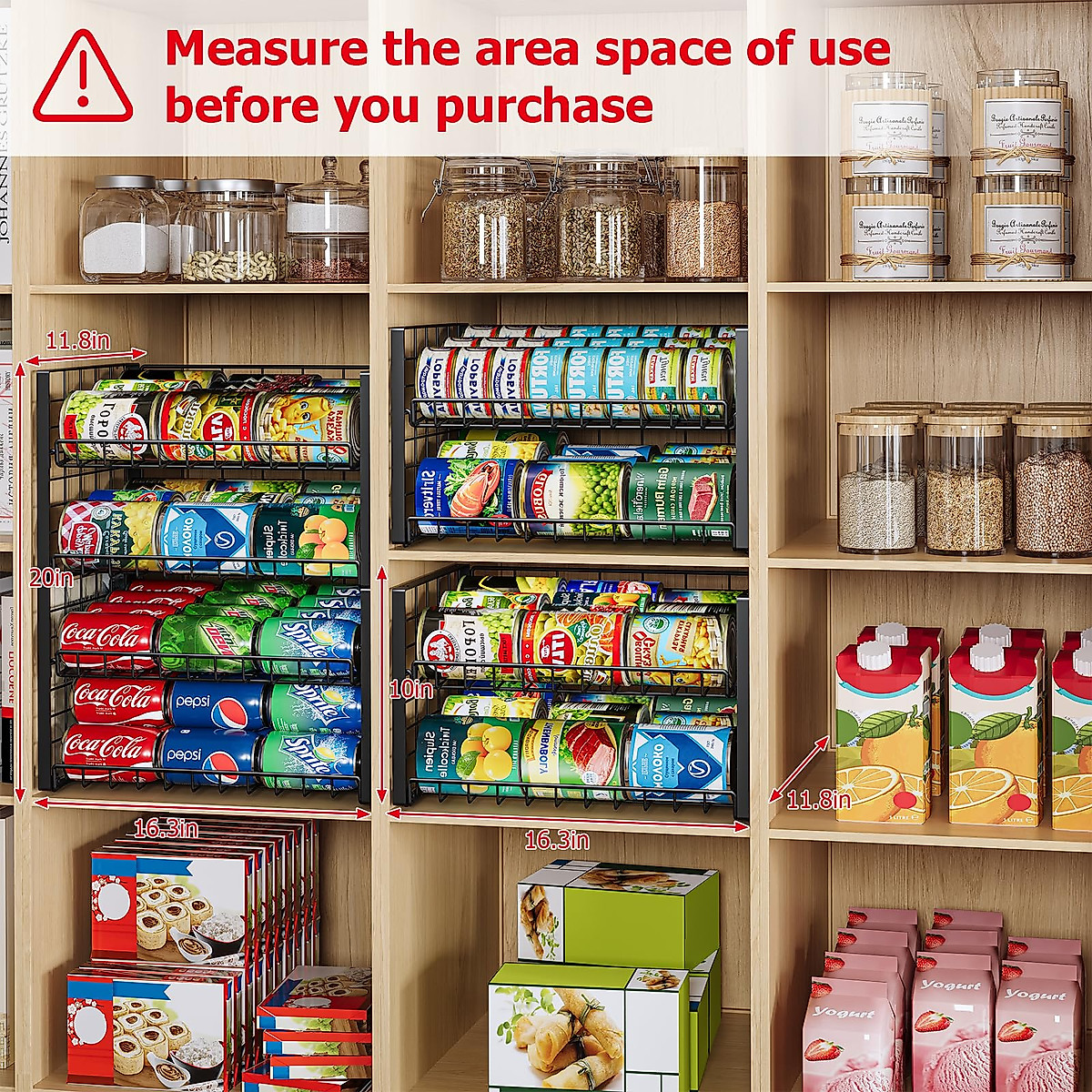 JKsmart 4-Tier Stackable Can Rack Organizer for Pantry, Adjustable Can Dispenser Holds Up to 62 Cans, Can Storage Holder for Various Ounces of Canned Food Soda Drinks, Black