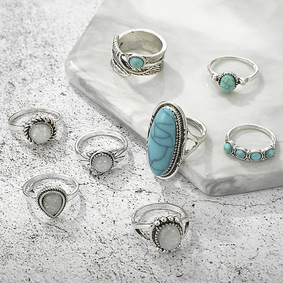 Xerling 8Pcs Boho Girls Crystal Knuckle Ring Set Gemstone Opal Joint Midi Finger Rings Oval Turquoise Teardrop Leaf Rings for Women Gothic Retro Silver Rings