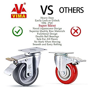 4 Inch Castets Set of 4 Heavy Duty Caster Wheels with Brake 2200Lbs Swivel TPR Rubber Wheel Silent Castor Locking Industrial Plate Casters Wheels for Cart Furniture Workbench, Free Bolts and Nuts