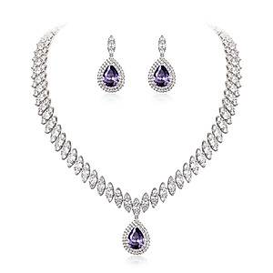 EVER FAITH Women's Jewelry Purple CZ Marquise-Shaped Leaf Teardrop Wedding Prom Necklace Earrings Set Silver-Tone