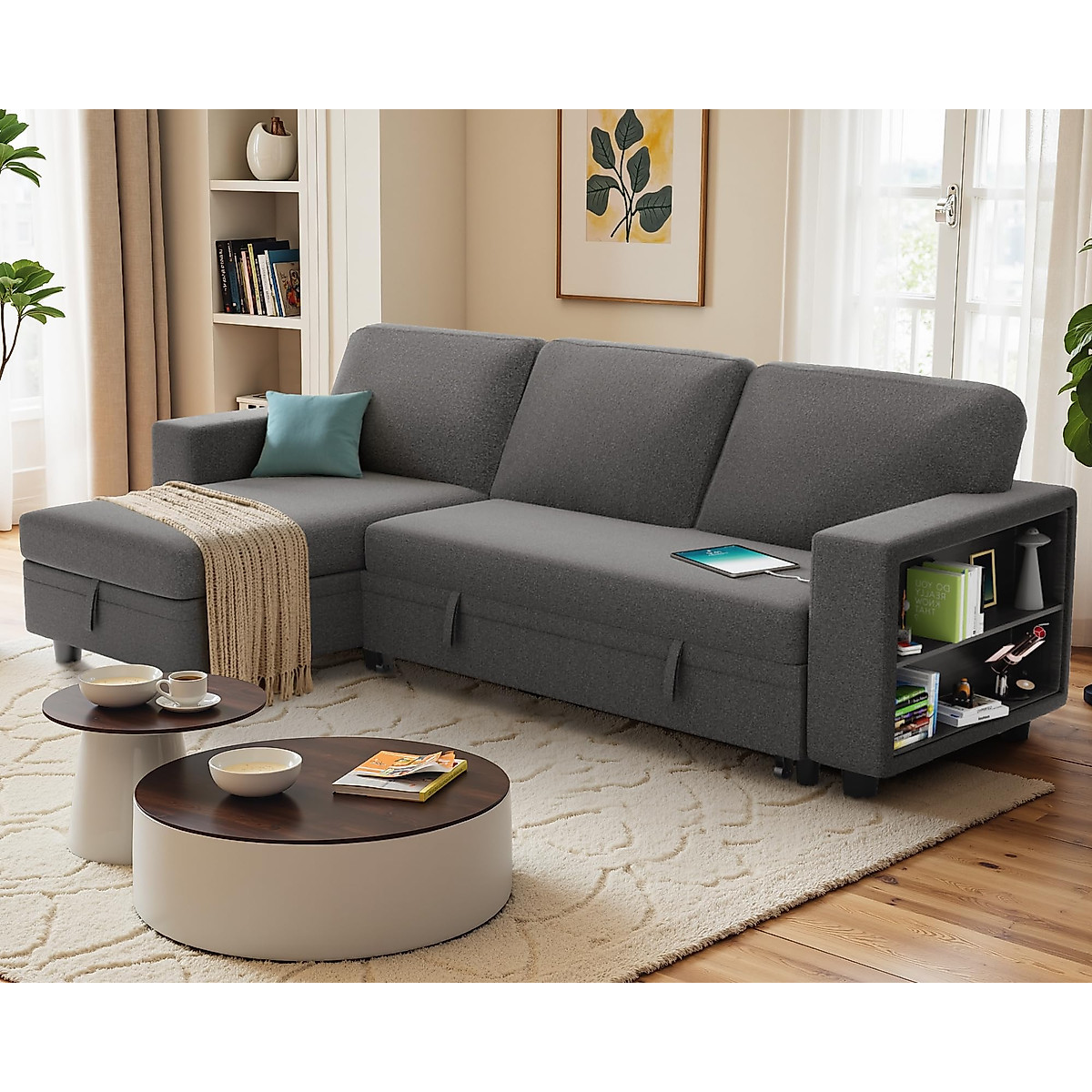 YESHOMY Convertible Sofa Bed with Pull-Out Sleeper, Living Room Couch with Built-in Storage Space, Gray