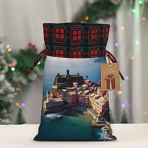 Christmas Gift Bags with Drawstring Burlap Gift Bags Aerial View of Vernazza Christmas Linen Bags for Xmas Party Candy Bags with Cards Xmas Reusable Wrapping Bags Christmas Linen Treat Bags for Holiday