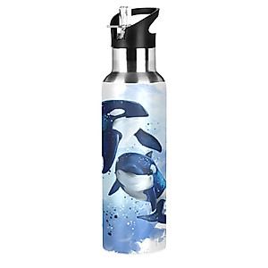 TropicalLife Insulated Water Bottle Watercolor Ocean Killer Whale Water Bottle with Straw Stainless Steel Bottle Vacuum Insulated Tumblers for School Sports