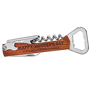 Happy Mother's Day Custom Message Stainless Steel Laser Engraved Beer Bottle Natural Wood Graduation Corkscrew Wine Cork Personalized Wooden Opener
