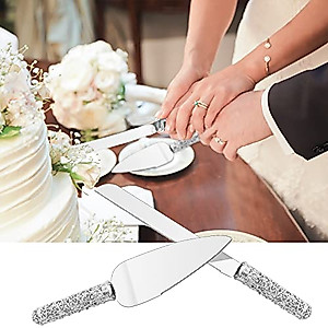 Jozen Gift Wedding Silver Cake Knife and Server Set - 2 Pcs Dessert Set Metal Handle with Crystal Stones Decoration for Wedding, Anniversary Party Birthday Banquets,Gifts for Bride and Groom
