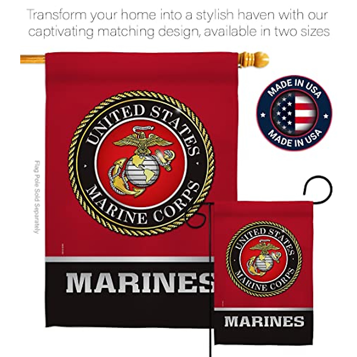 US MILITARY United State Garden Flag Set Wall Hanger Armed Forces Marine Corps USMC Semper Fi American Military Veteran Retire Official House Banner Small Yard Gift Double-Sided, Made in USA