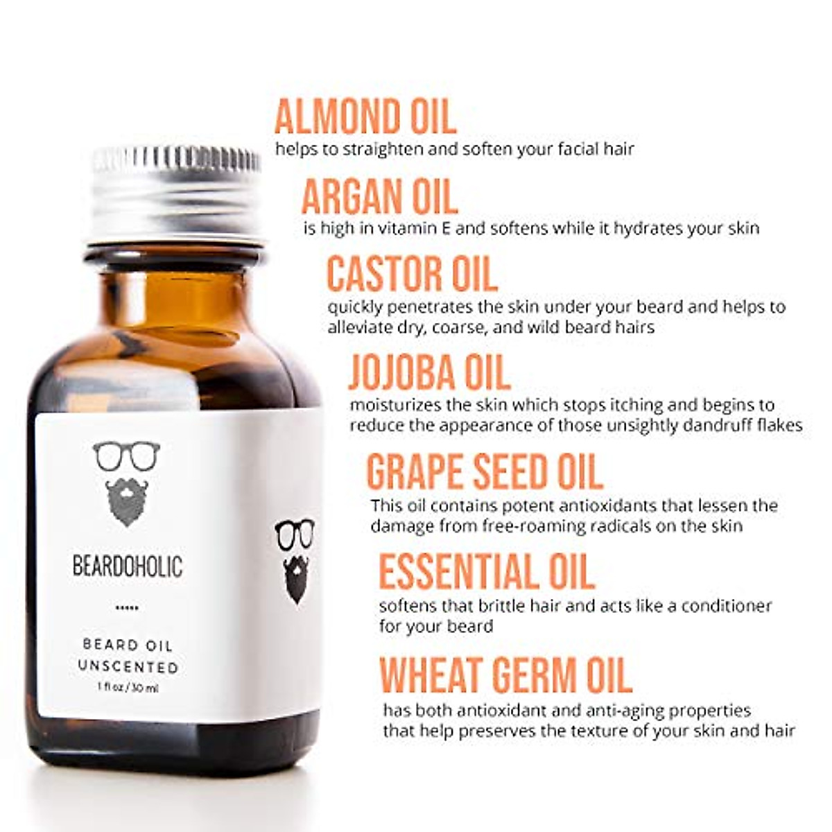 Beardoholic Beard Oil – 7 All-Natural Ingredients – Faster and Thicker Beard Growth – Eliminates Itch and Dandruff Instantly – Unscented Beard Growth Oil - 30 ml Leave-in Conditioner and Softener