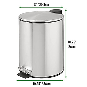 mDesign Metal 1.3 Gallon/5 Liter Round Step Trash Wastebasket, Garbage Container Bin with Lid for Bathroom, Powder Room, Bedroom, Kitchen, Craft Room, Office - Removable Liner Bucket - Brushed/Chrome